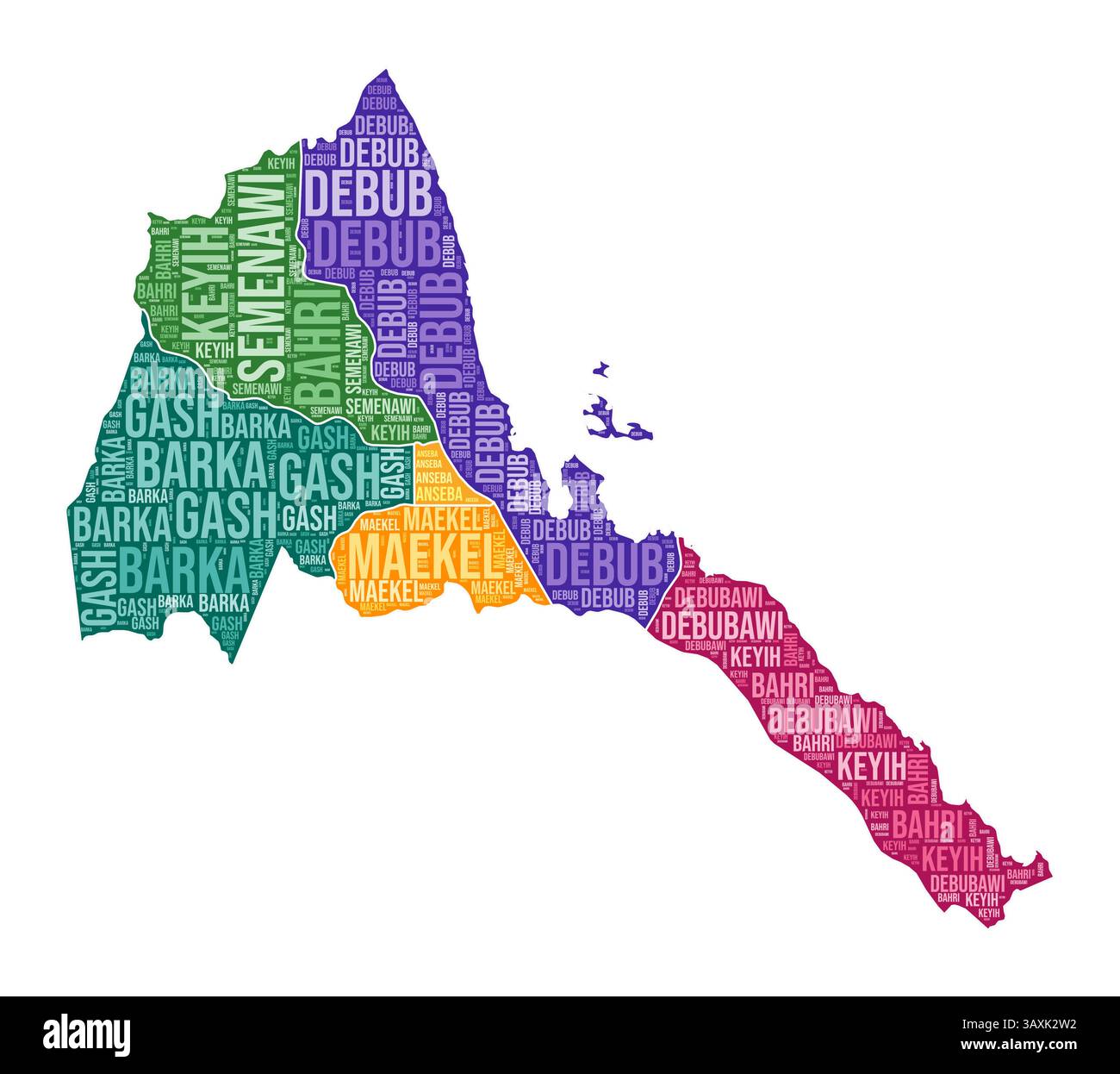 Eritrea shape. Country word cloud with region division. Eritrea colored ...