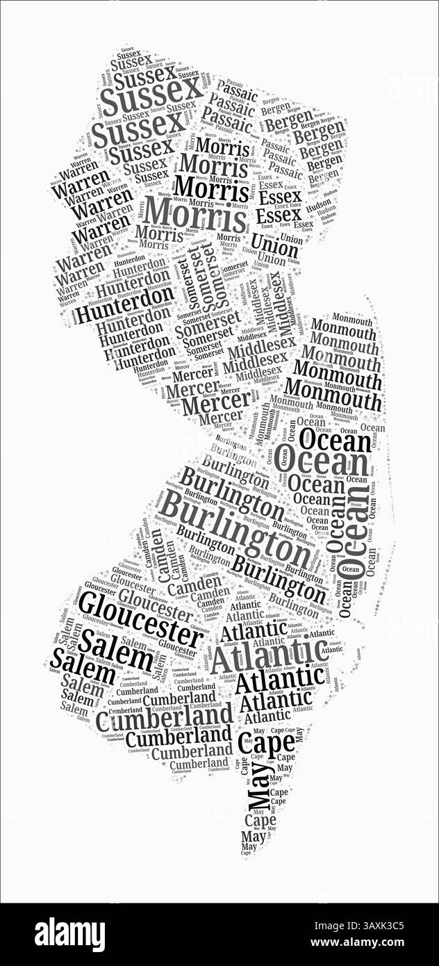 New Jersey Text Style Counties. State region names word clouds in ...