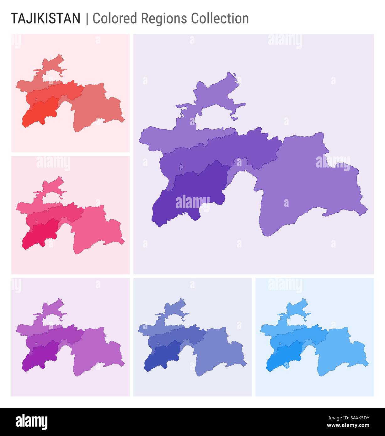 Tajikistan map collection. Country shape with colored regions. Deep ...