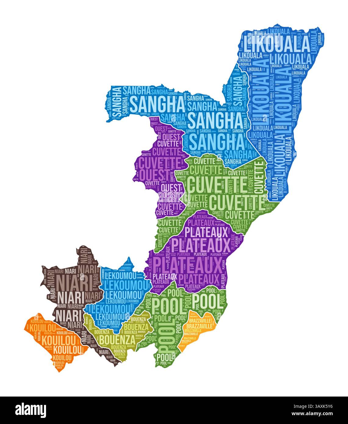 Republic of the Congo shape. Country word cloud with region division ...