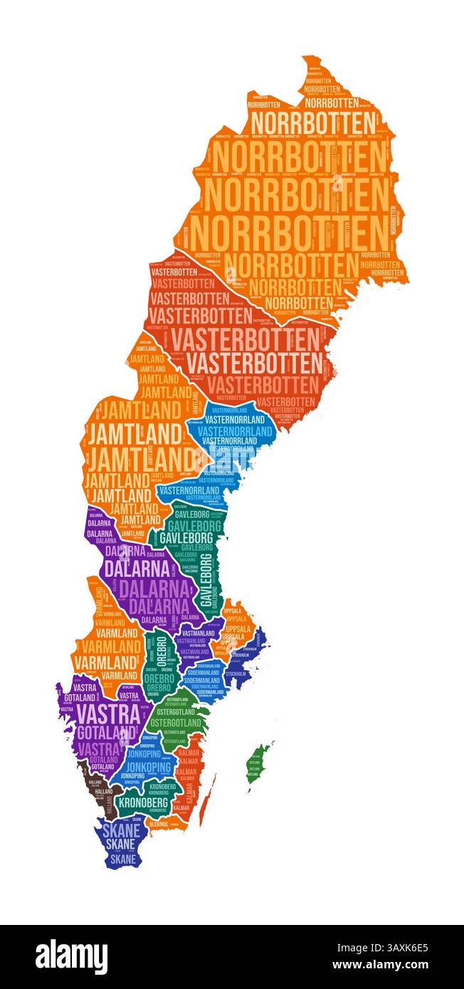 Sweden shape. Country word cloud with region division. Sweden colored ...