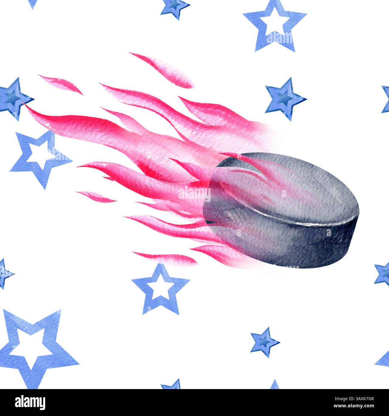 seamless pattern of hockey theme, watercolor puck flying in a crimson ...
