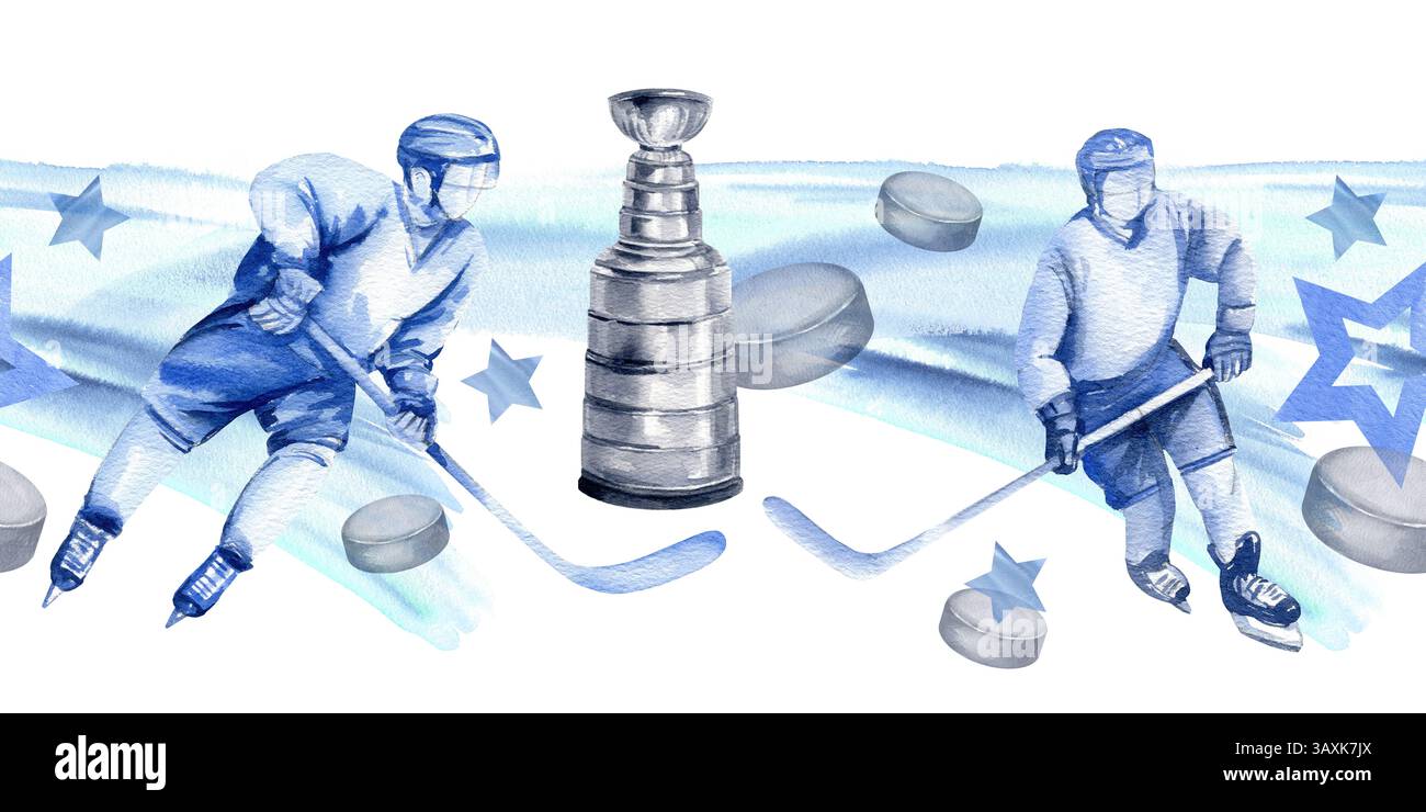 seamless border with hockey players in action with sticks, pucks ...