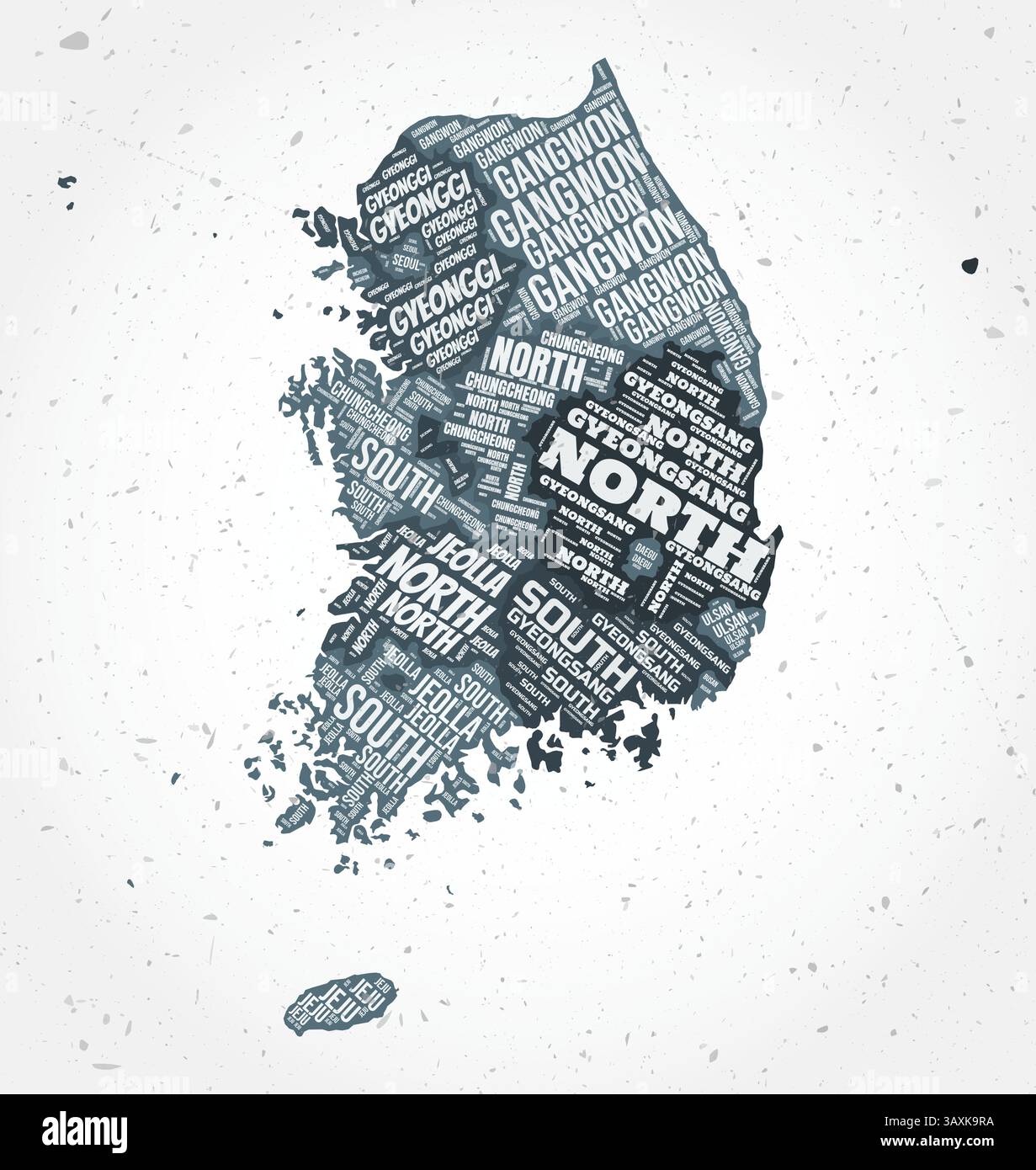 Republic of Korea regions word clouds. Country shape on textured ...