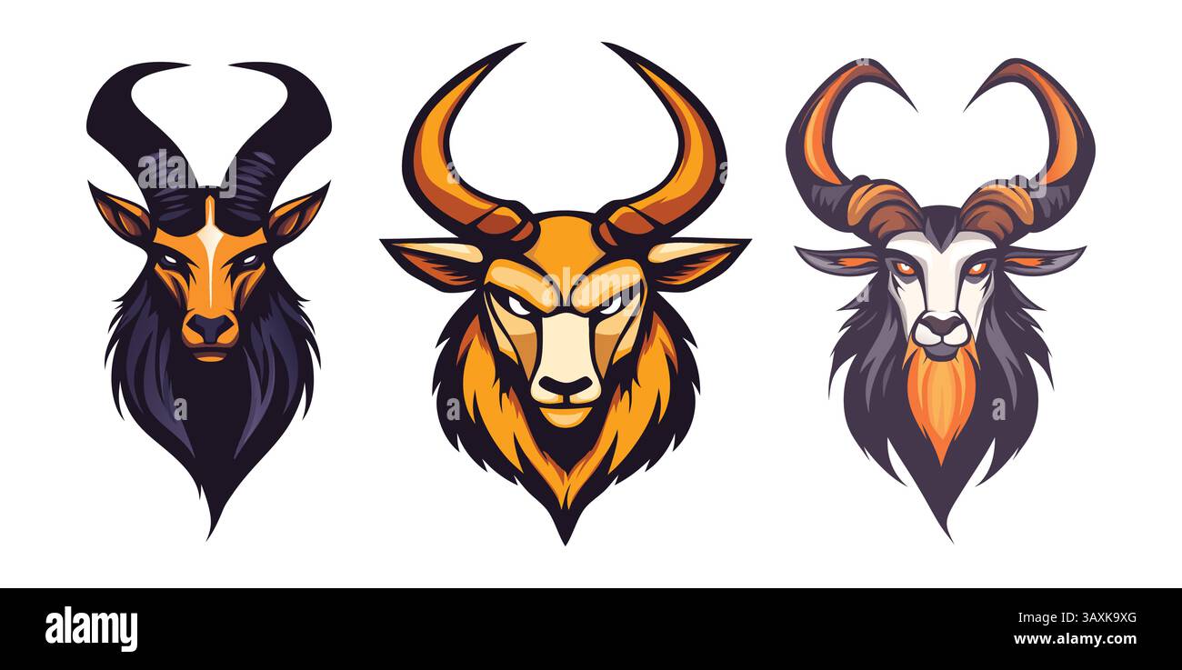 Abstract Vector Three stylized goat heads with varying horn shapes Icon ...