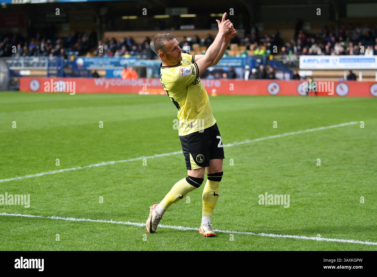 Wycombe, England. 21st Apr 2025. Matty Godden celebrates after scoring ...