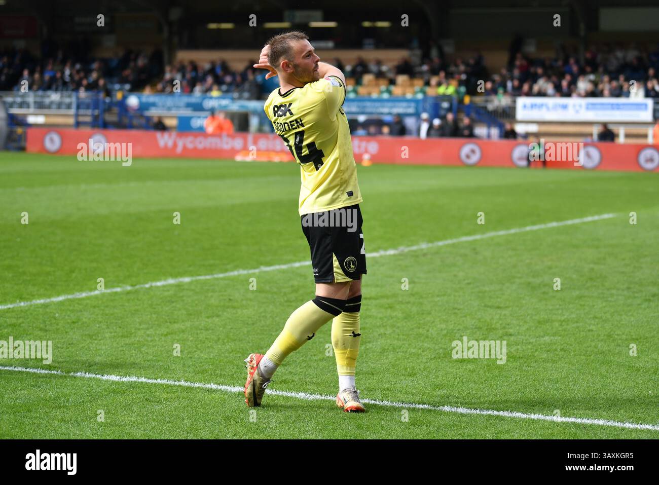 Wycombe, England. 21st Apr 2025. Matty Godden celebrates after scoring ...