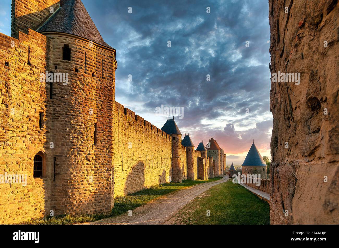 Majestic walls of Carcassonne stretch across the horizon, showcasing ...