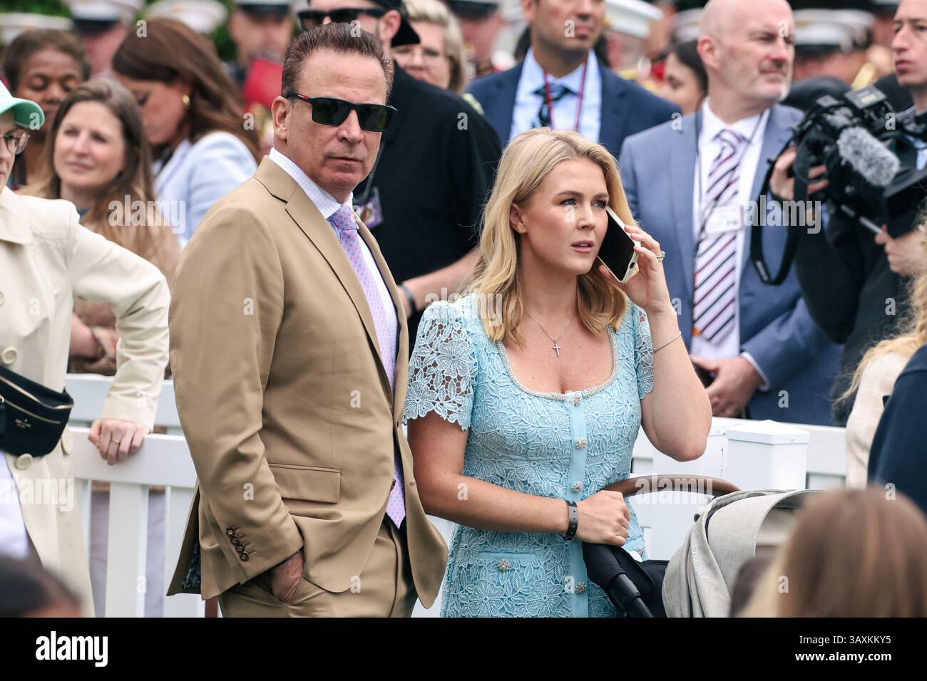 Nicholas Riccio and Karoline Leavitt attend the 2025 Easter Egg Roll on ...