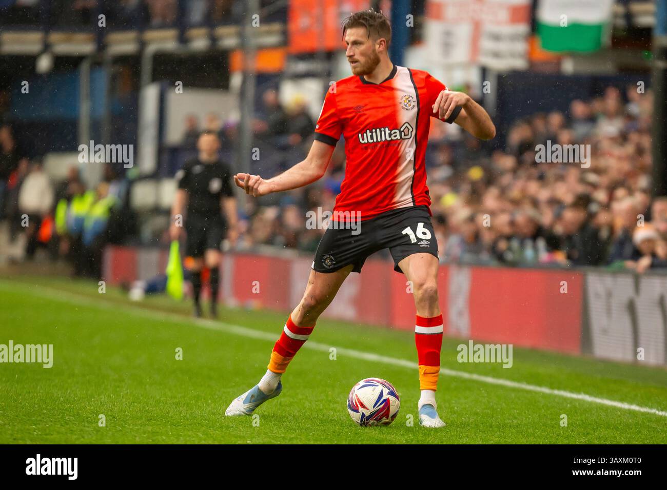 Luton on Monday 21st April 2025. Reece Burke of Luton Town on the ball ...