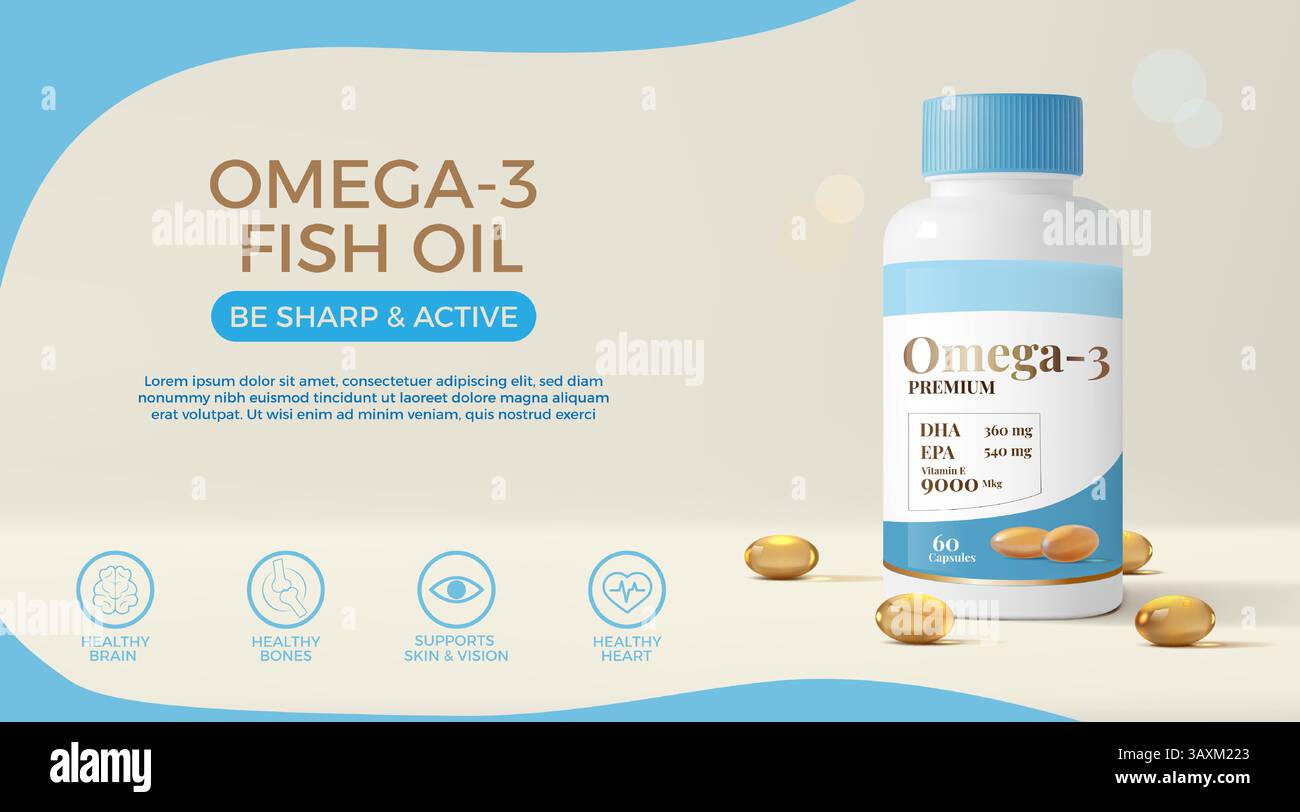Vitamin supplement. Advertising banner design. D pill. Fish oil bottle ...