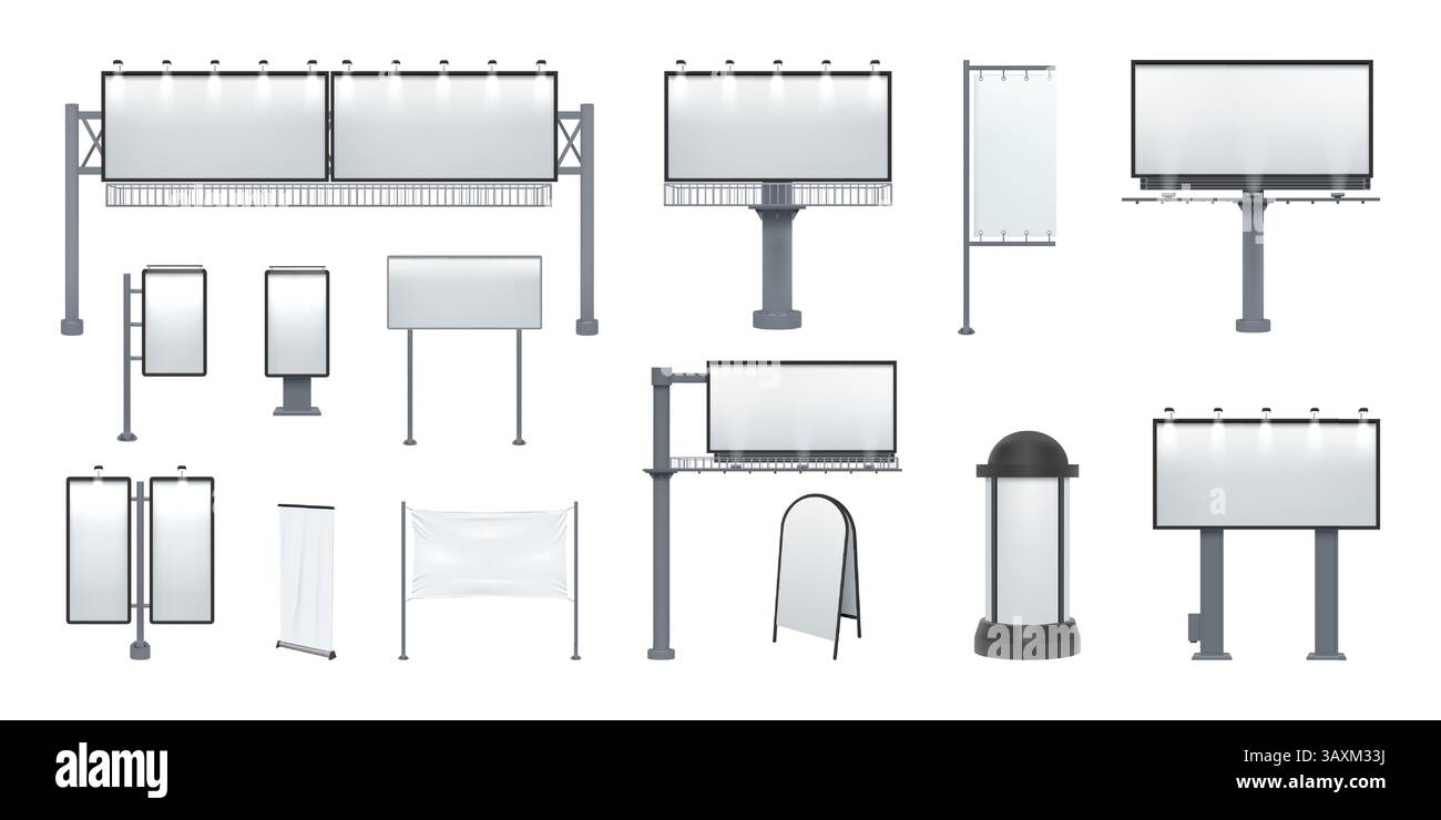 Outdoor billboards. Led sign mockup. 3D road signboard for outside ad ...