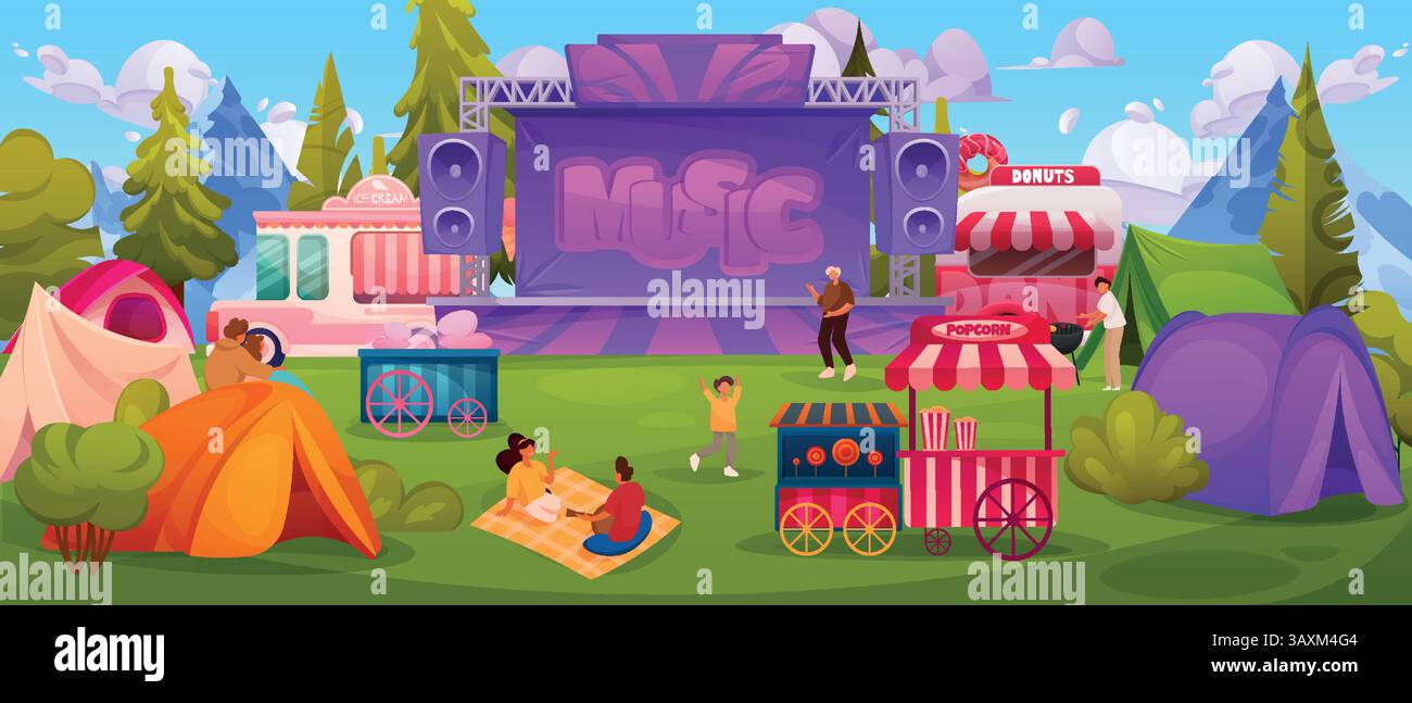 Family festival. BBQ picnic camp with tent and concert stage. Food ...