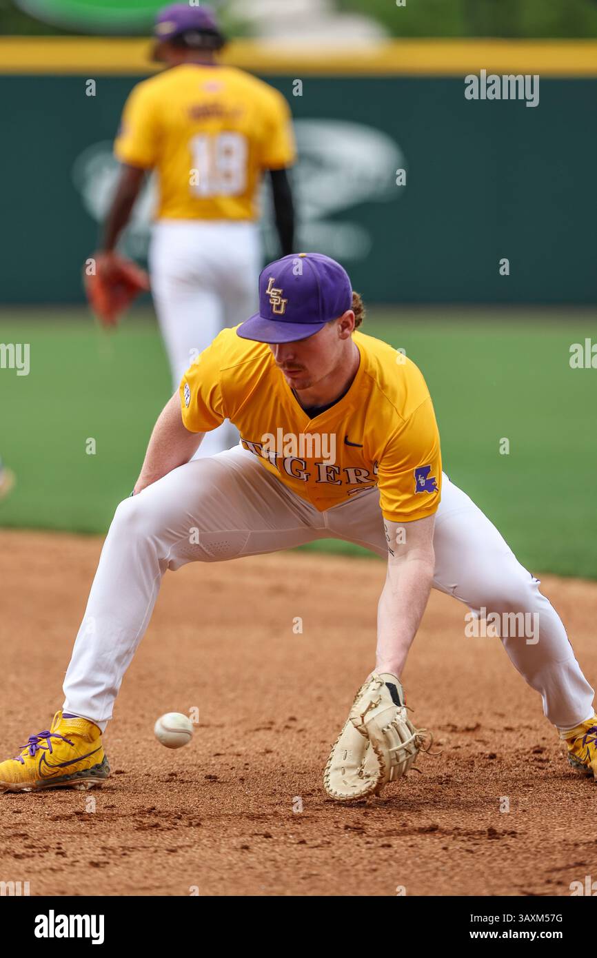 Baton Rouge, LA, USA. 19th Apr, 2025. LSU's Jared Jones (22) looks in a ...