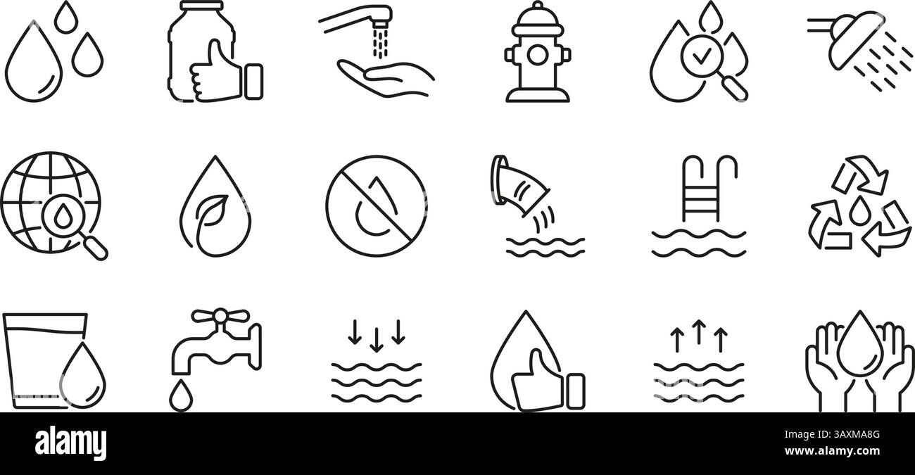 Water Conservation And Management Line Icon Set. Sustainable Water Usage, Recycling, And Quality ...