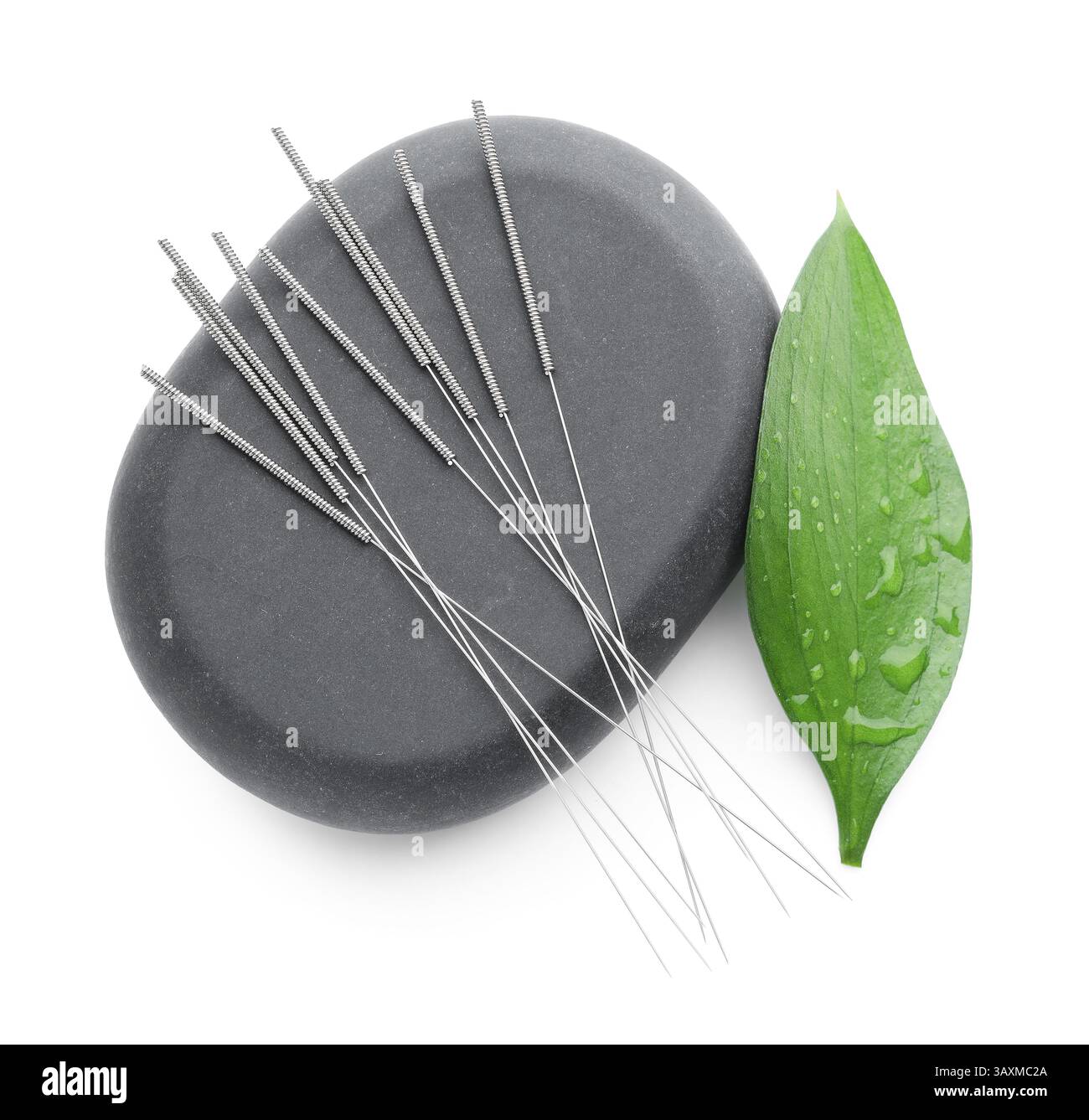 Acupuncture needles, spa stone and leaf isolated on white, top view ...