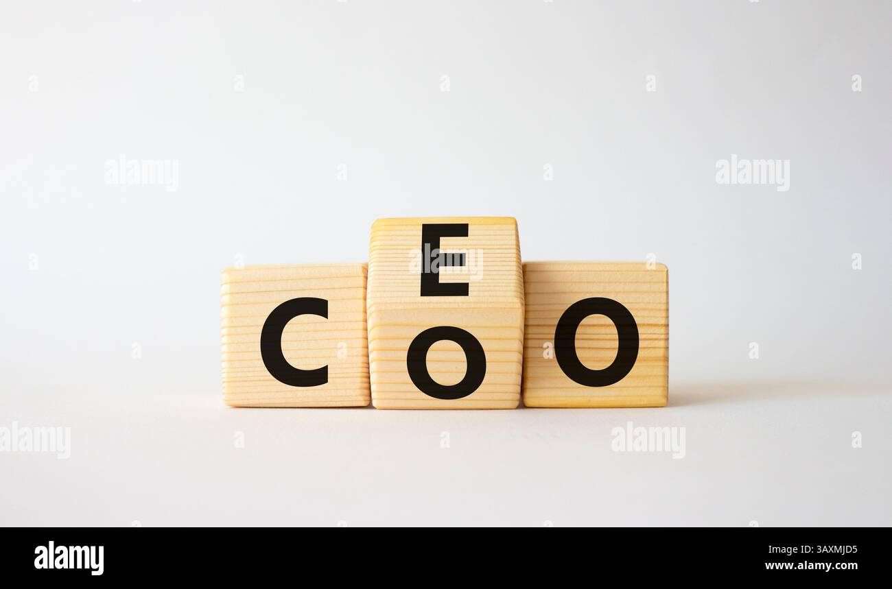 CEO and COO symbol. Turned wooden cubes with words CEO and COO ...