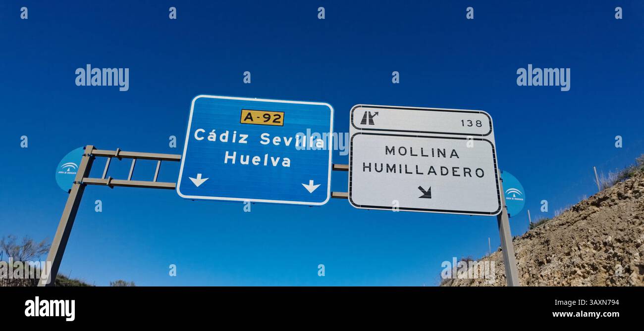 Highway signs indicating directions to different cities in Andalusia ...