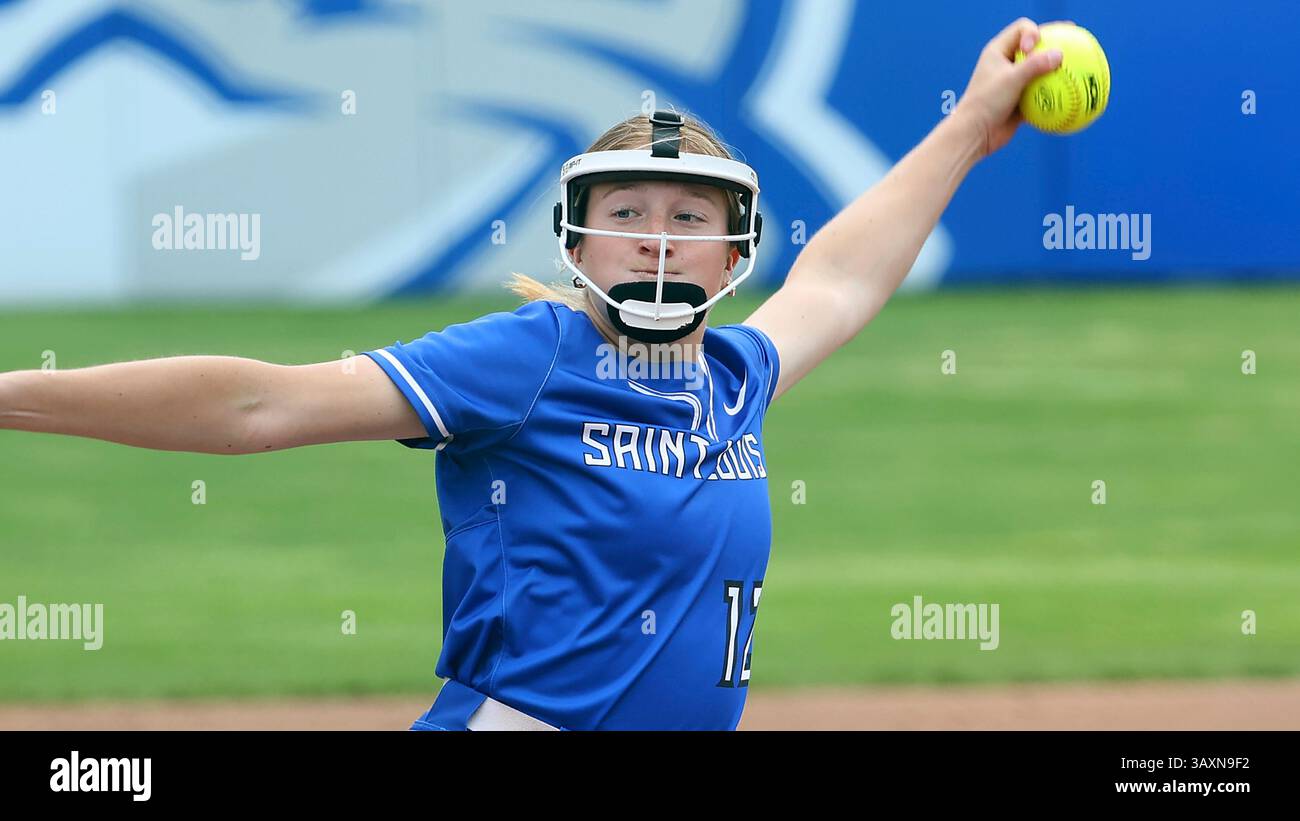 Isabel Royale (12) of St Louis University pitches against George Mason ...