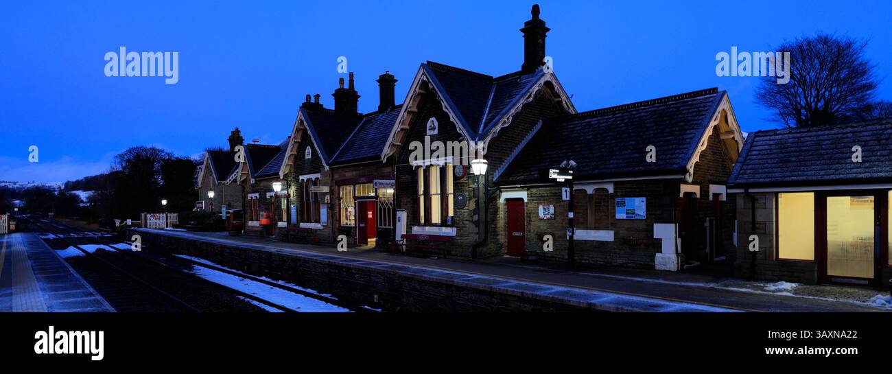 Winter snowy view of Settle Railway Station, start of the Settle ...