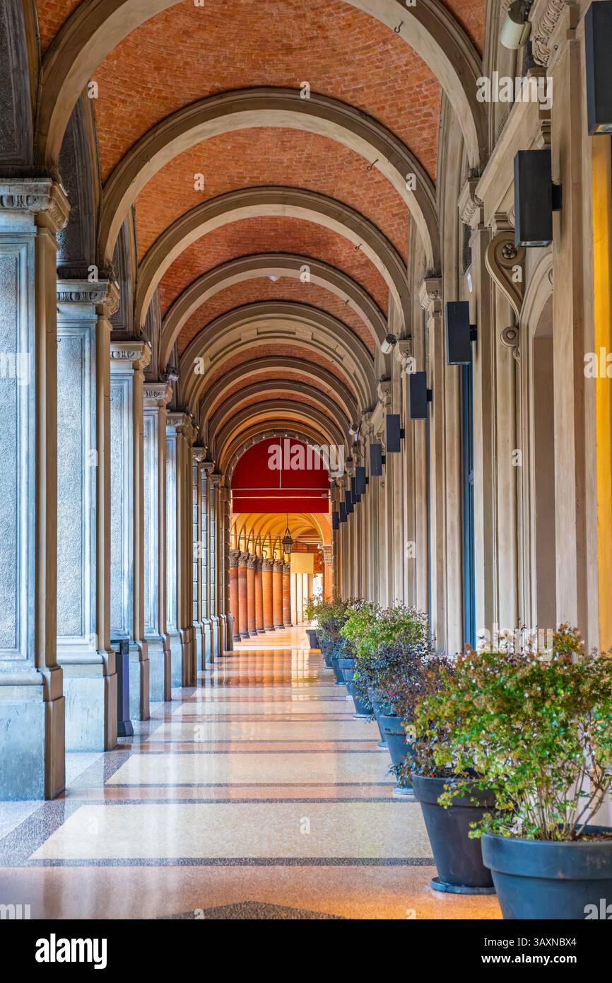 Portico columns on Piazza Santo Stefano in Bologna old town, Emilia ...