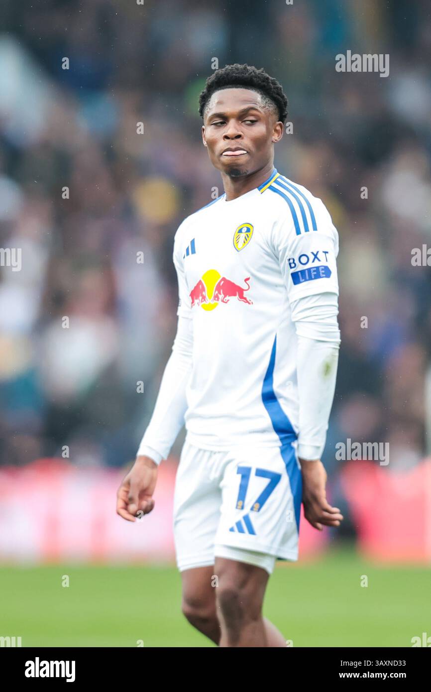 Leeds, UK. 21st Apr, 2025. Largie Ramazani of Leeds United reacts after ...