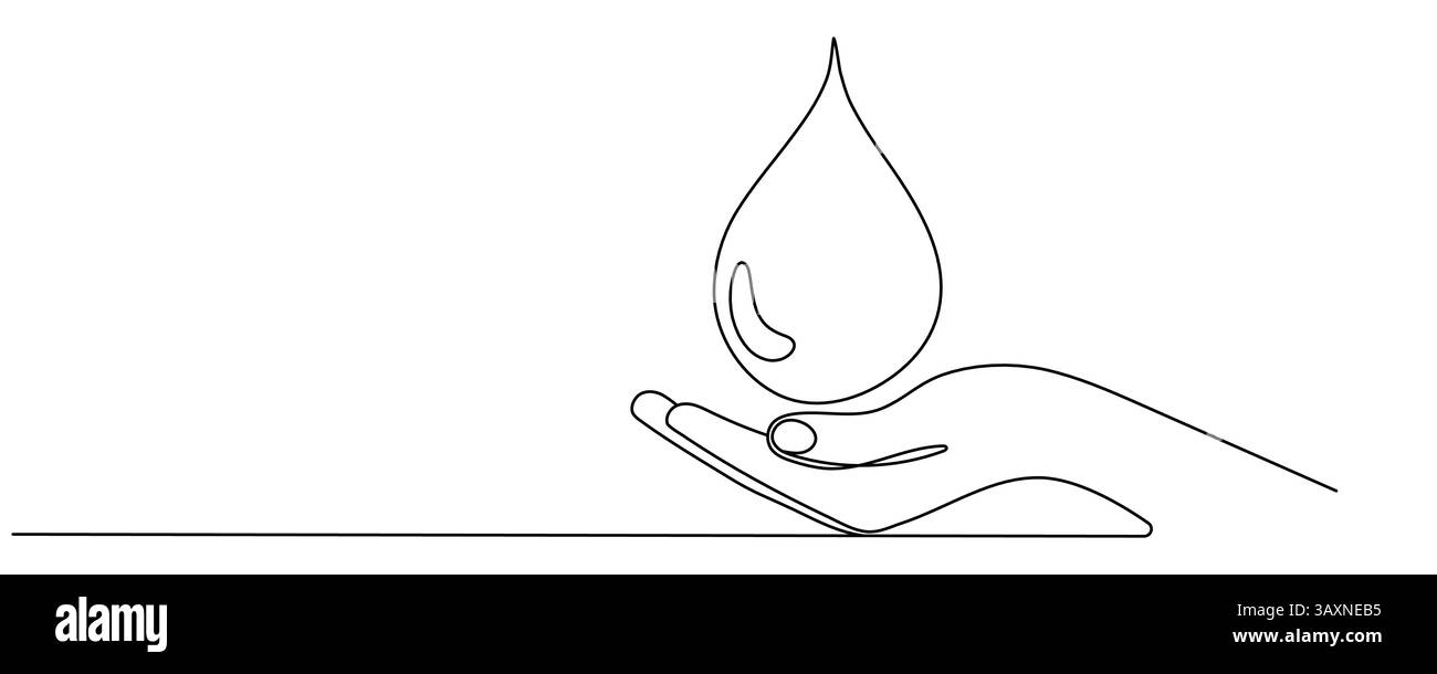 Line drawing hand catch the water droplets. Water drops mark the end of ...