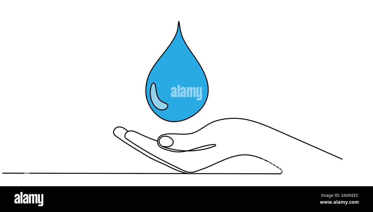 Line drawing hand catch the water droplets. Water drops mark the end of ...