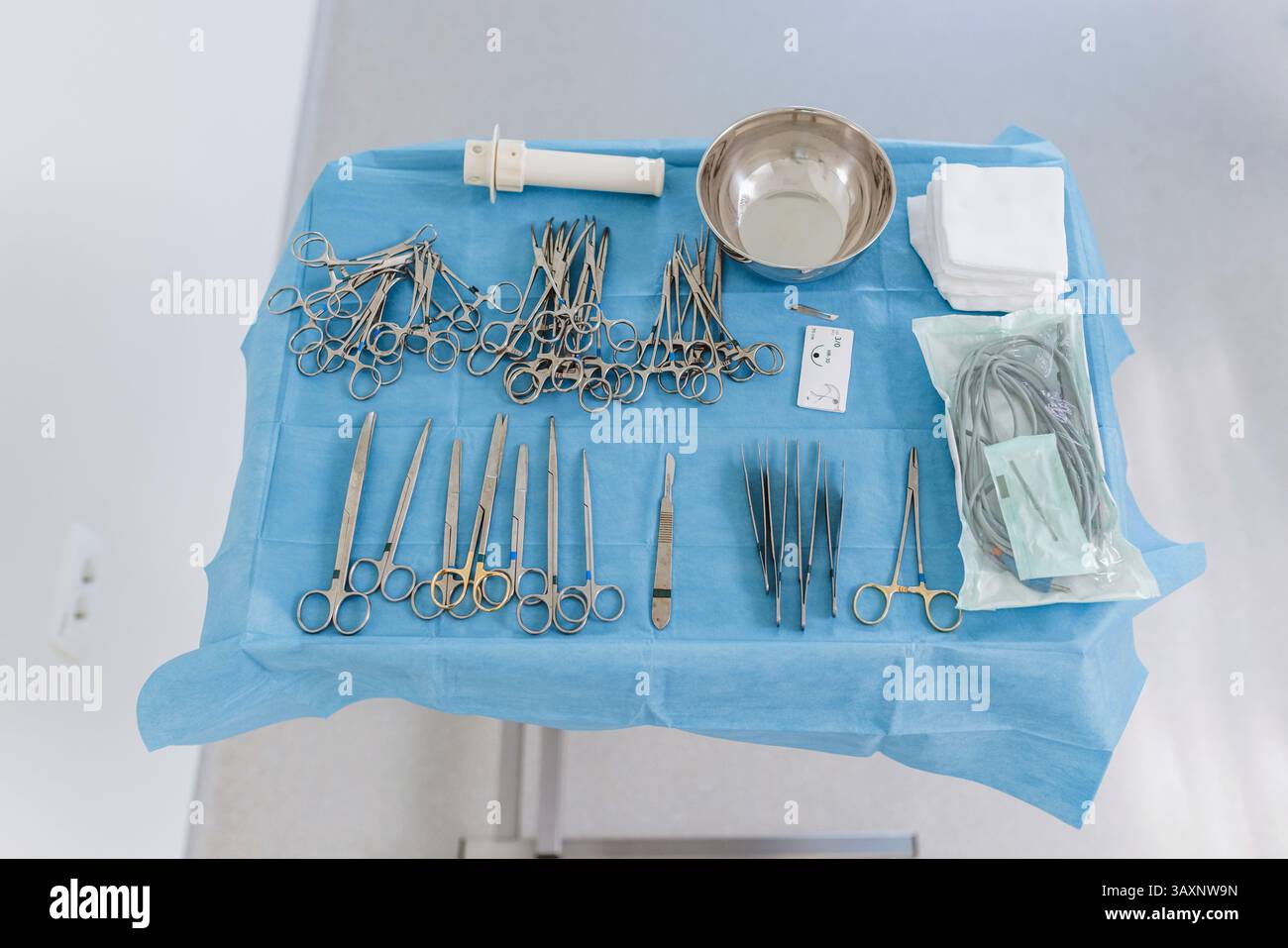 Empty sterile operating veterinary room with surgical instruments and ...
