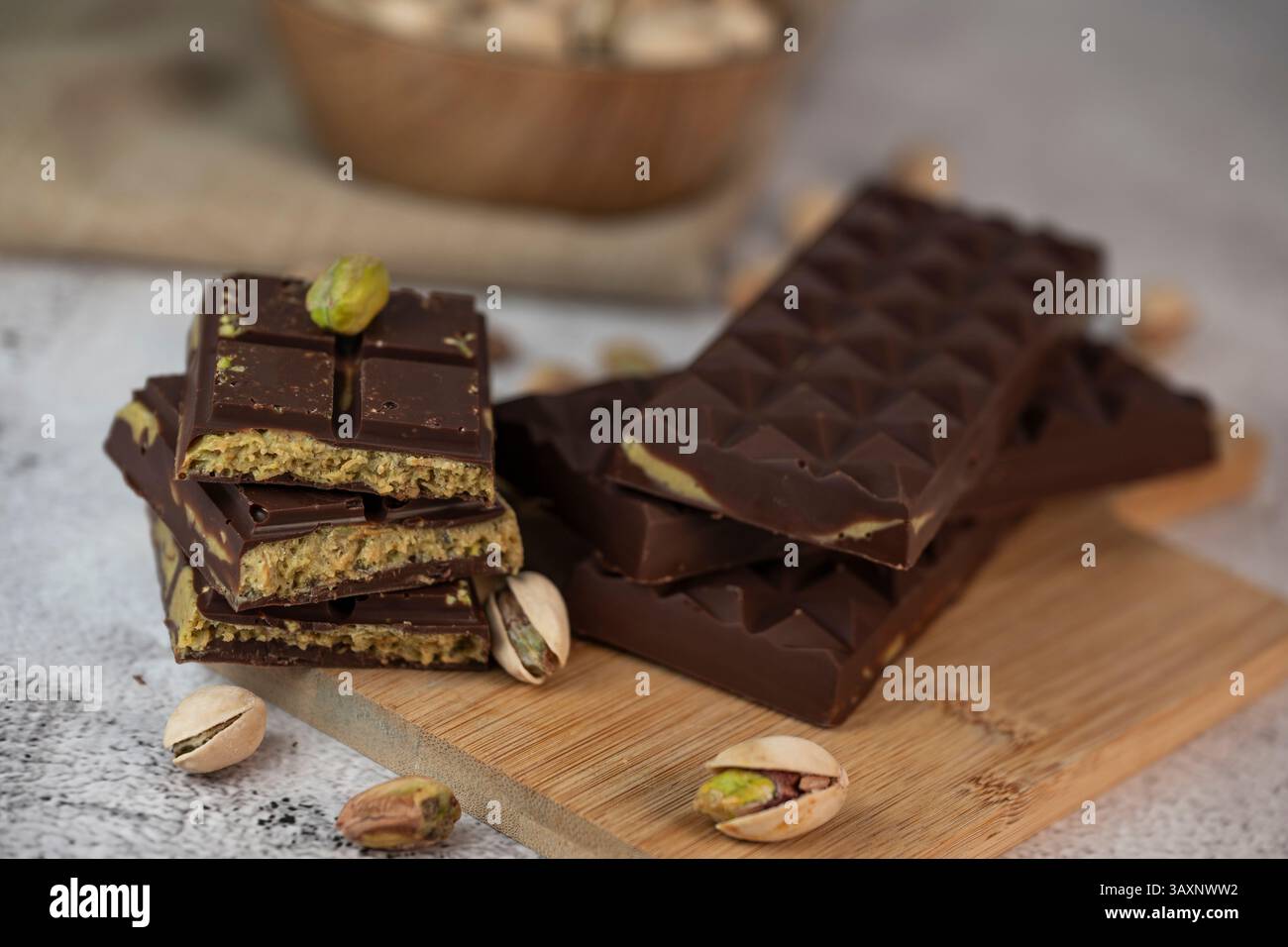 Delicious chocolate bar with pistachio pieces showcased in a Dubai ...