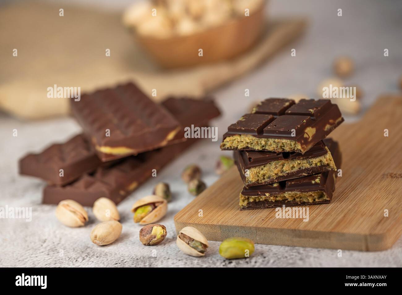 Delicious chocolate bar with pistachio pieces showcased in a Dubai ...