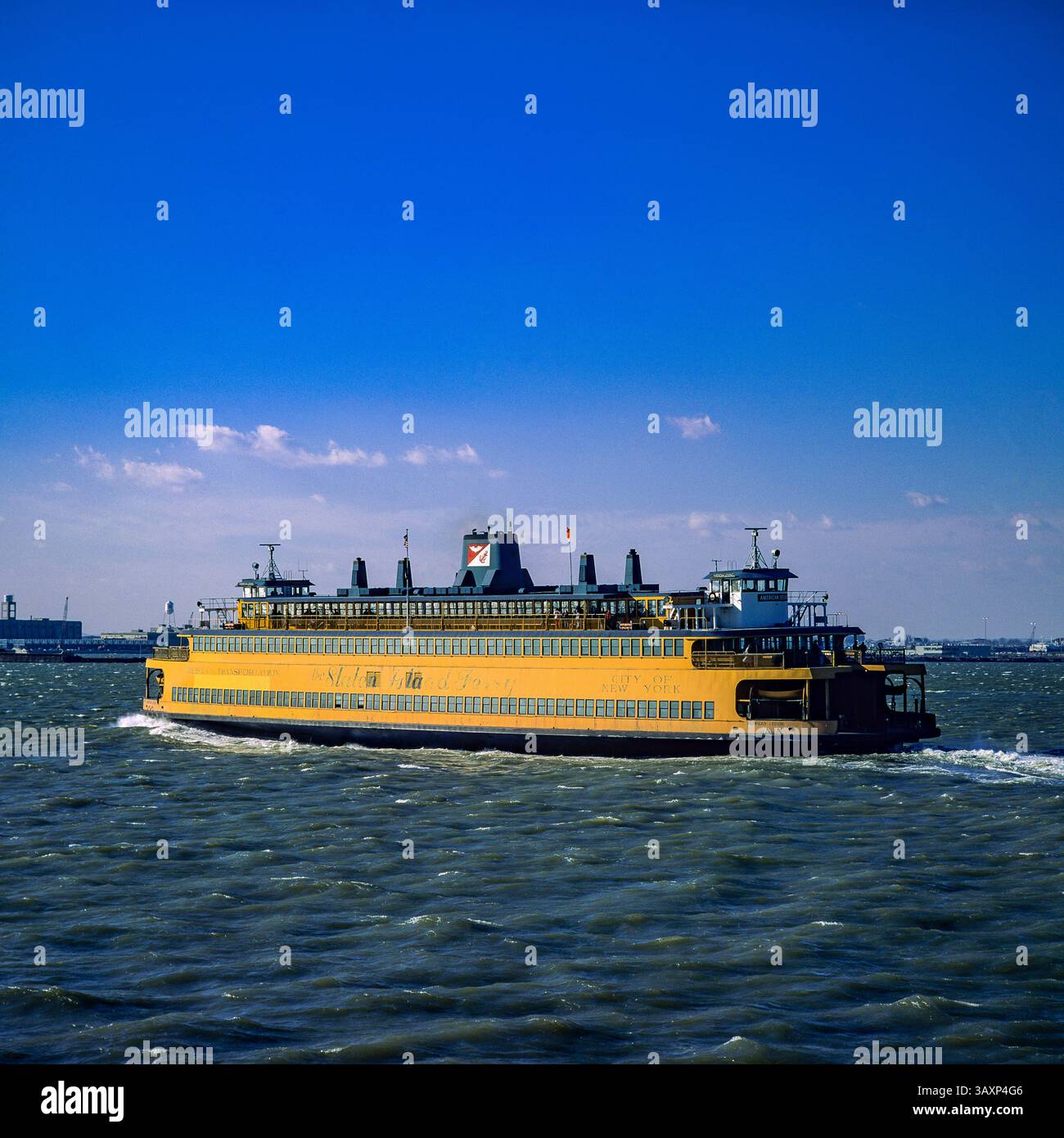 New York, vintage 1990s, Staten Island ferry sails across upper New ...
