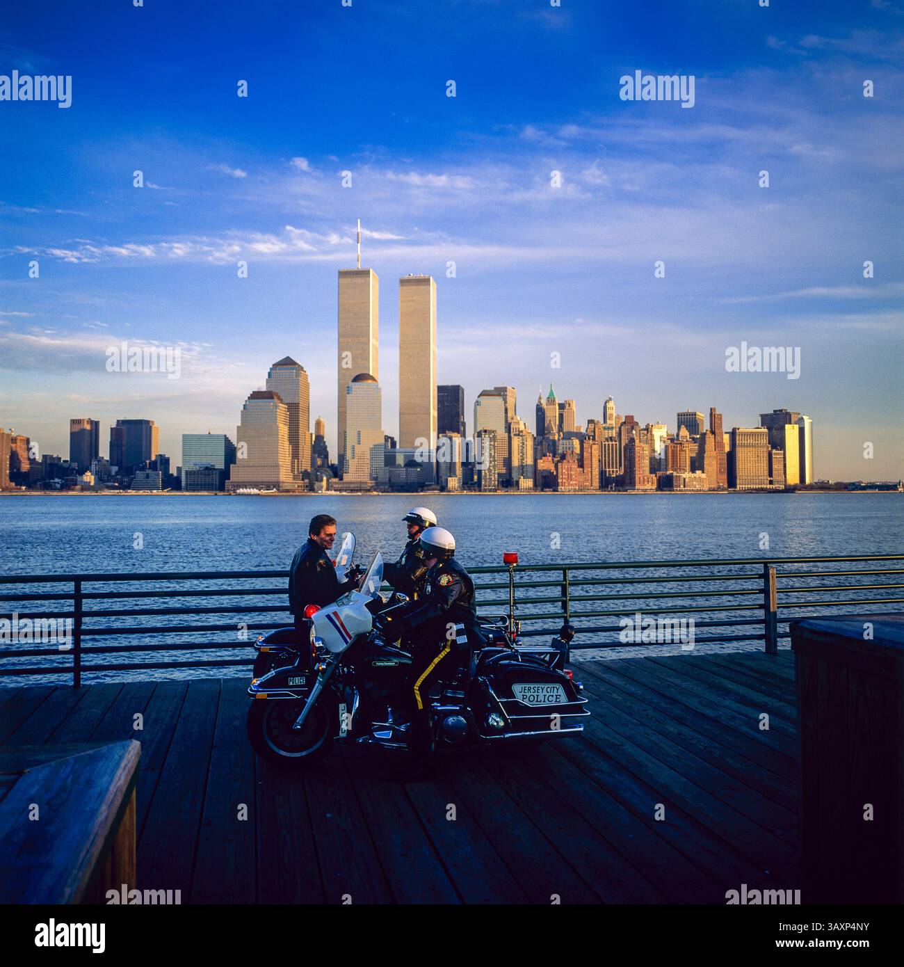 New York, vintage 1990s, man chatting with 2 motorized Jersey City ...