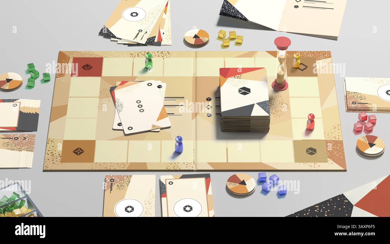 Colored board game field with chips, dice and cards mockup Stock Photo ...