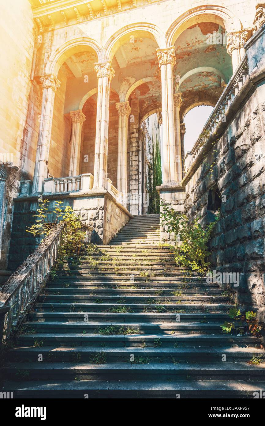 Ancient ruined stone staircase with overgrown plants, abandoned ...