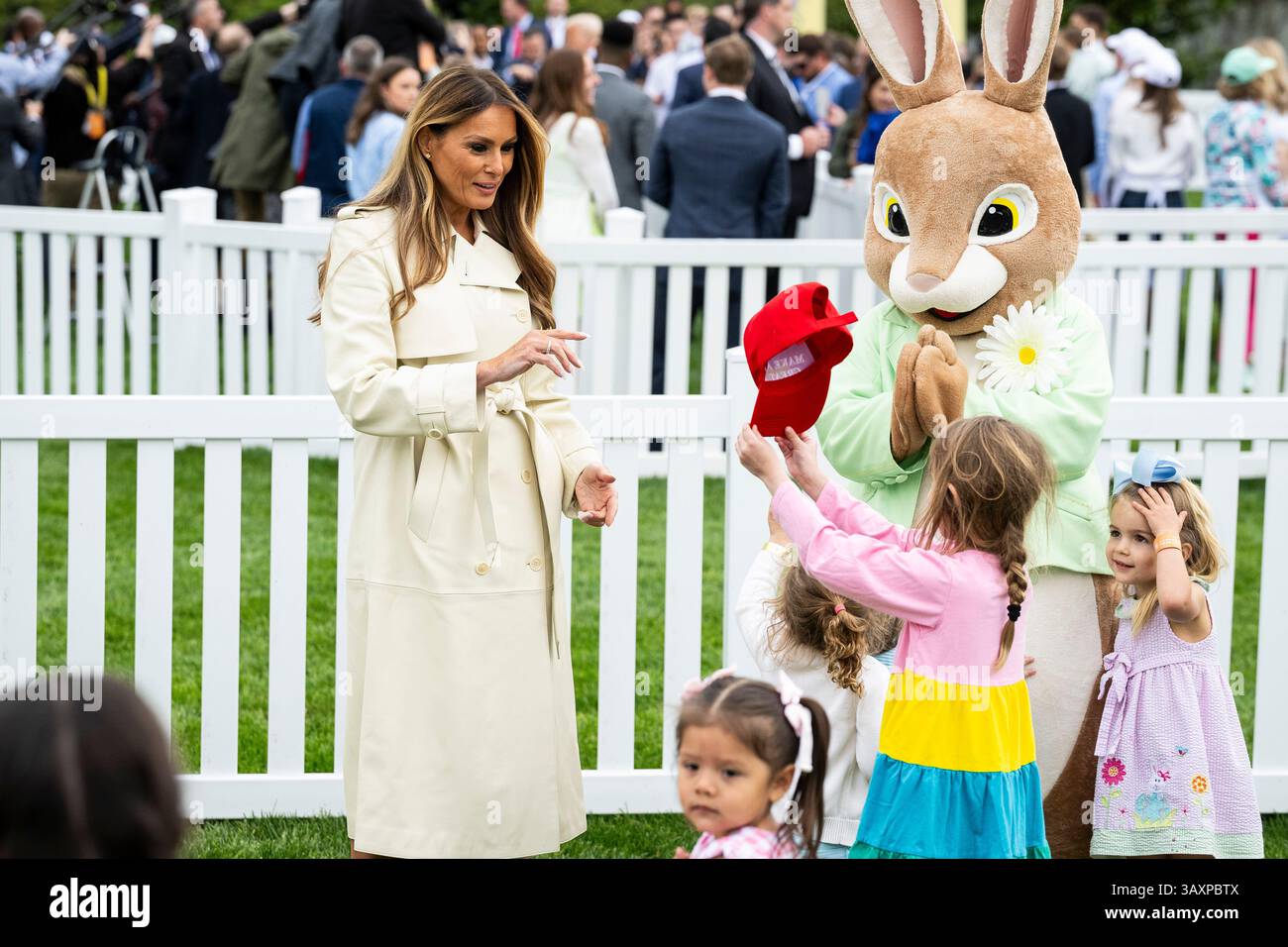 Washington, USA. 21st Apr, 2025. A child shows First Lady Melania Trump ...