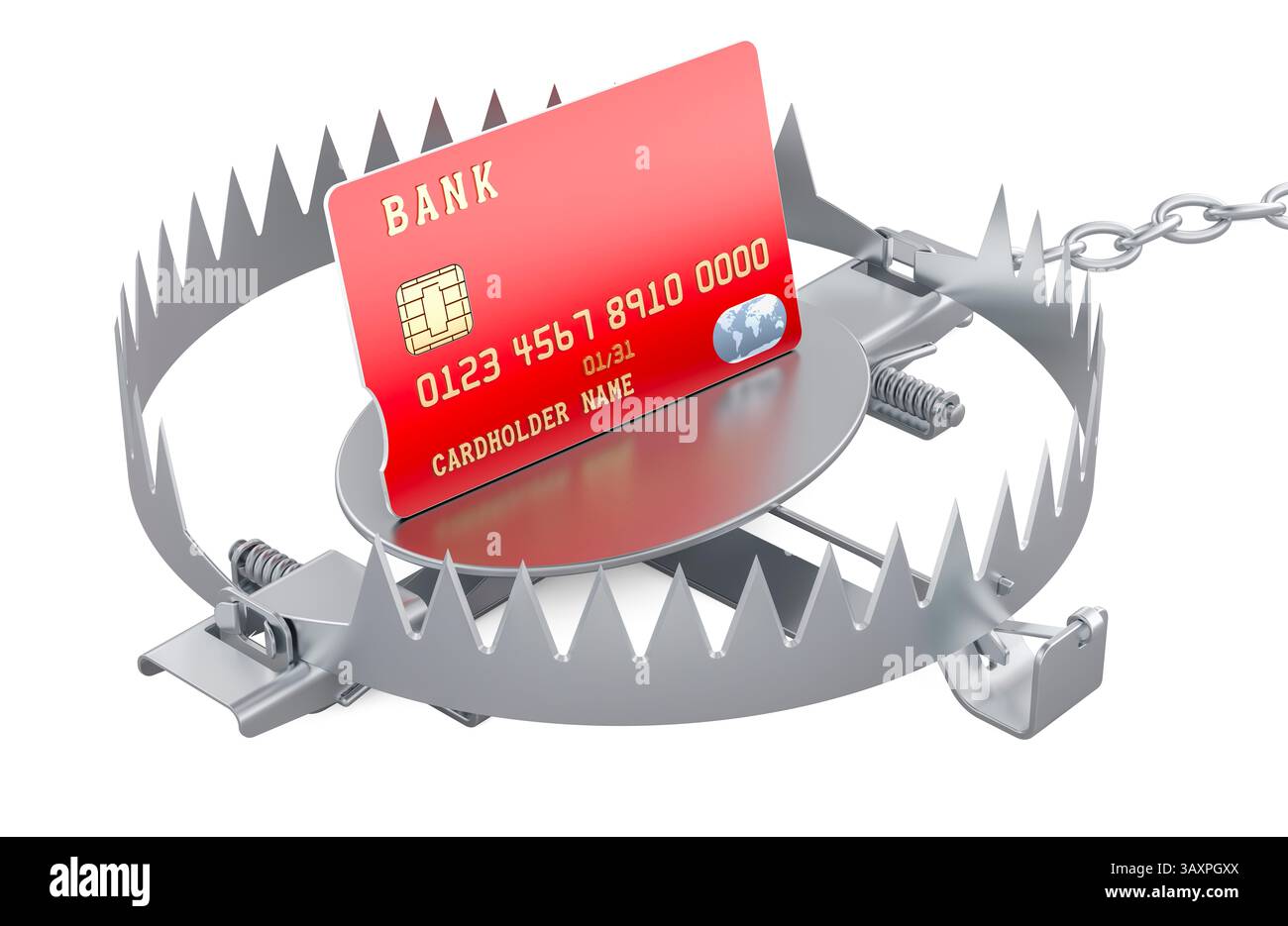 Credit bank card inside bear trap. Credit trap, concept. 3D rendering ...
