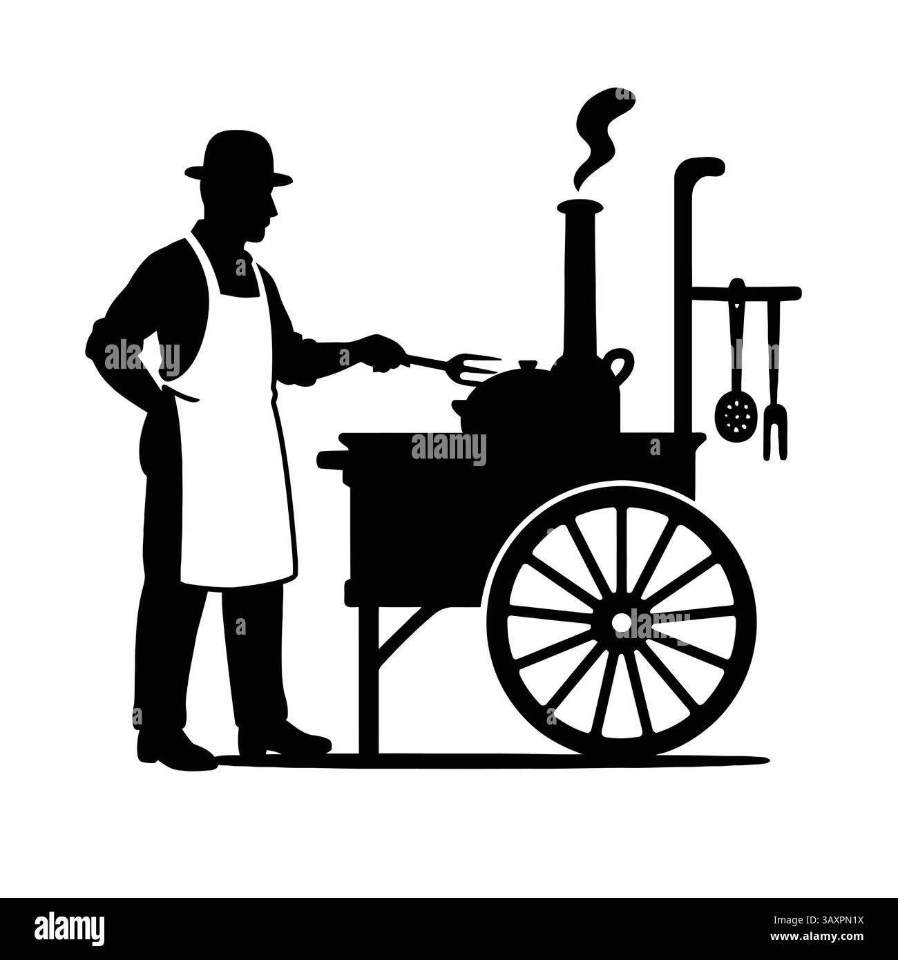 Vintage Street Food Vendor Silhouette with Steaming Cart Illustration ...