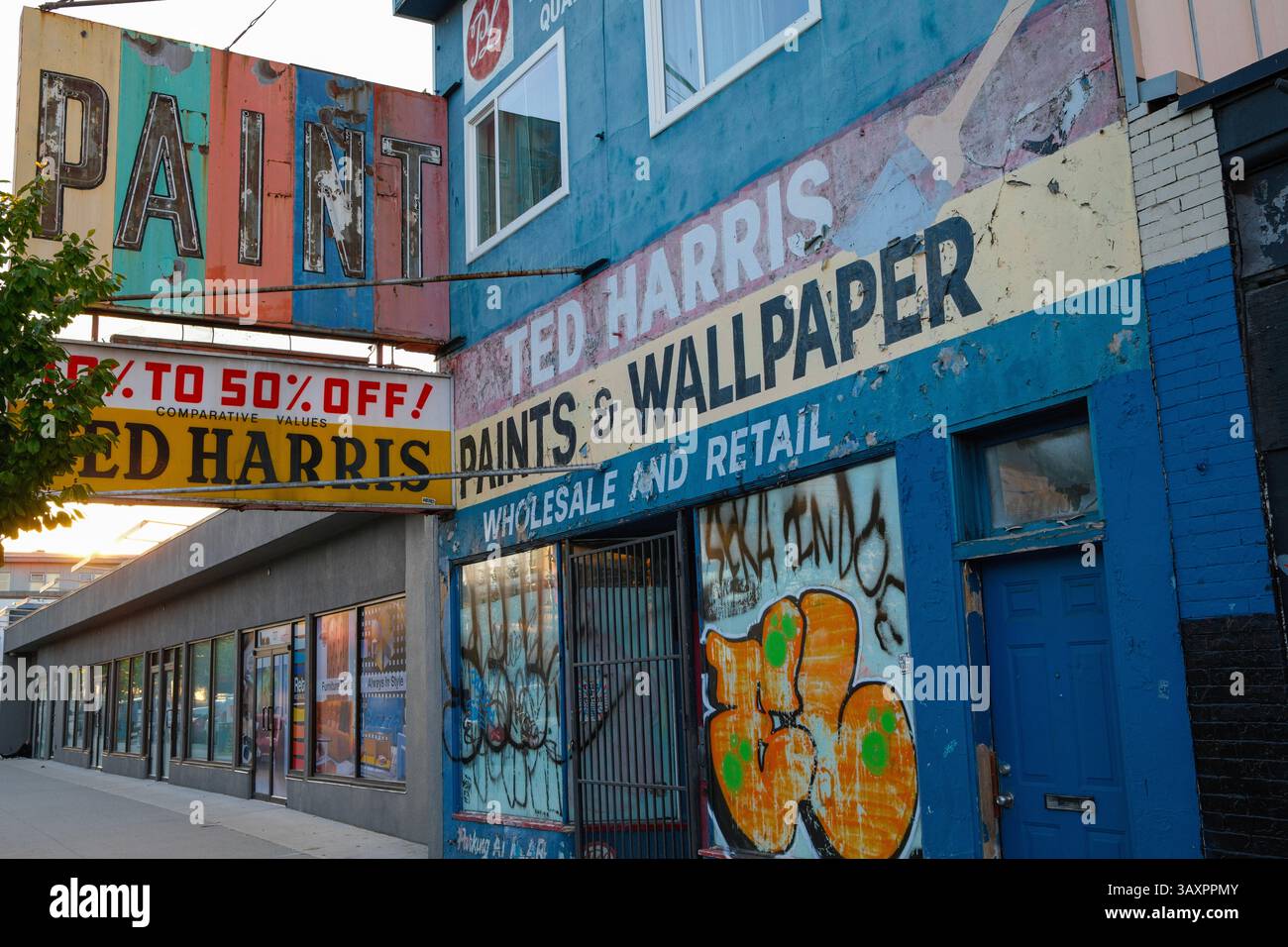 The vintage neon 'Paint' sign on the Ted Harris Paints building along ...