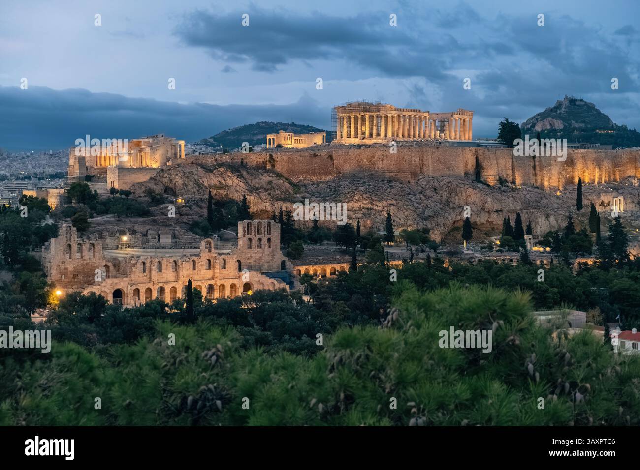 Aerial view of Acropolis of Athens with Parthenon temple in the night ...