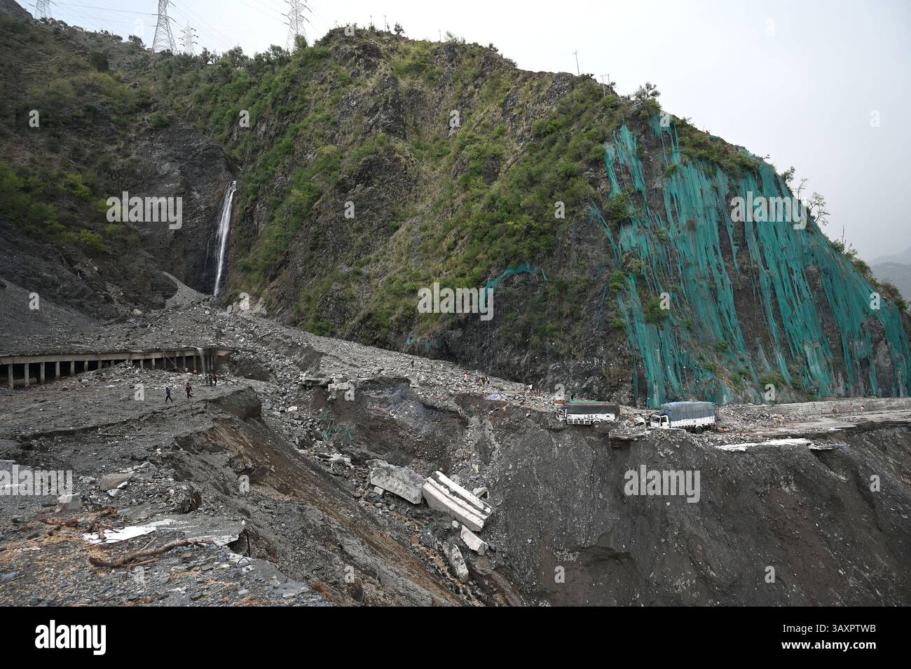 RAMBAN, INDIA - APRIL 21: A view of a blocked Srinagar-Jammu national highway after a cloudburst ...