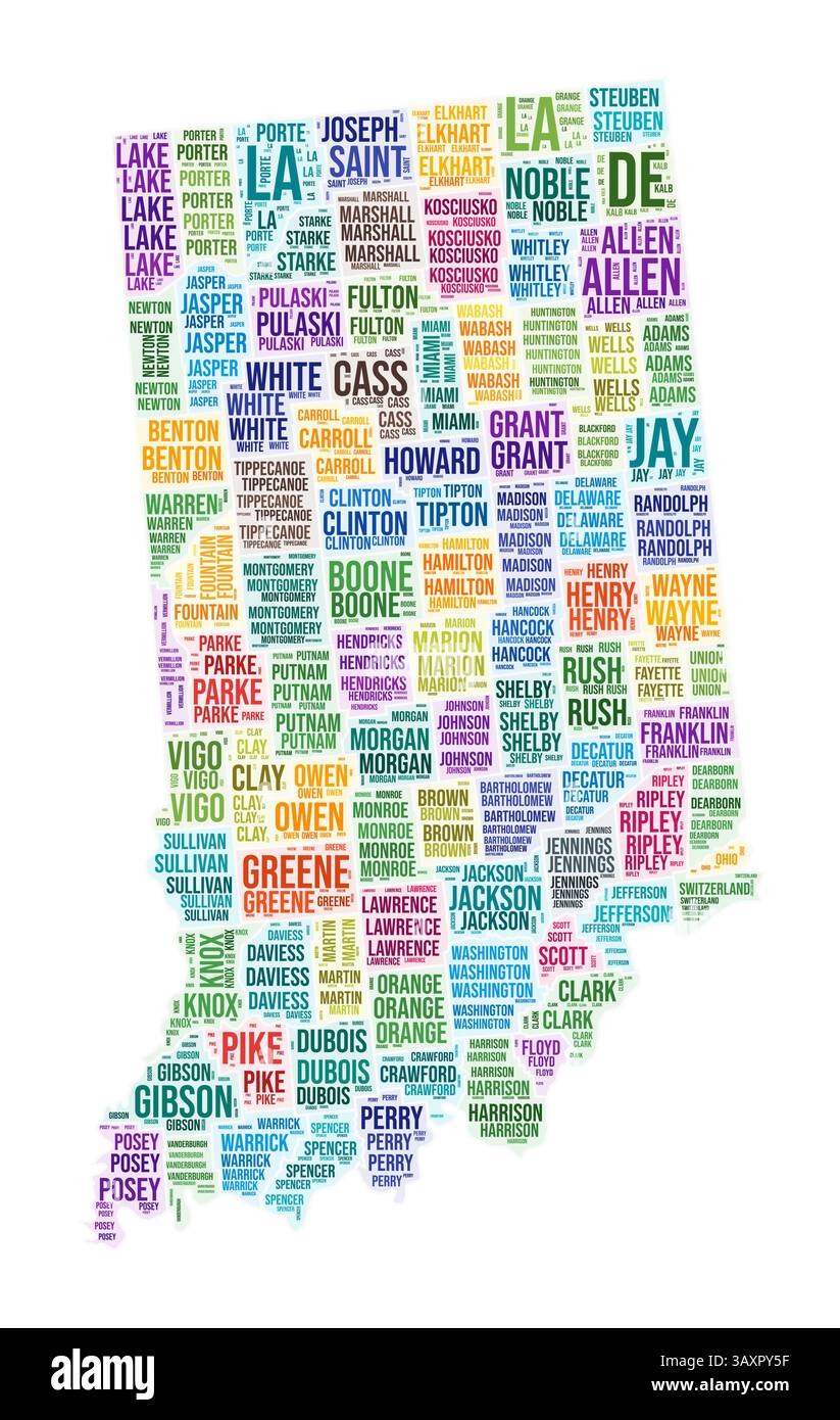 Indiana county word cloud. State shape design. Indiana colored ...