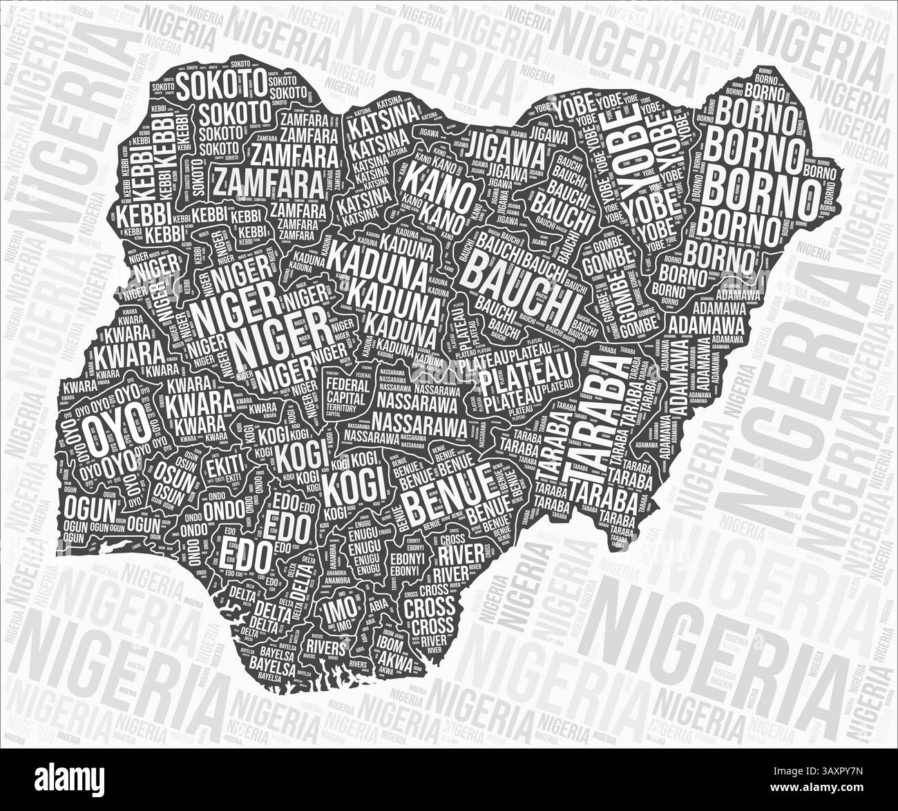 Nigeria regions map word cloud. Nigeria region names. Black and white map design. Vibrant vector ...