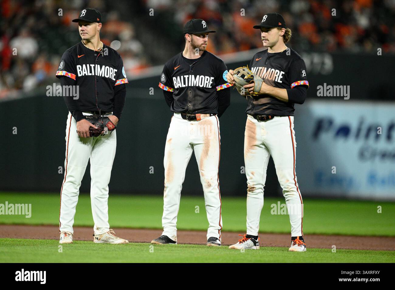 Baltimore Orioles first baseman Ryan Mountcastle, left, second baseman ...
