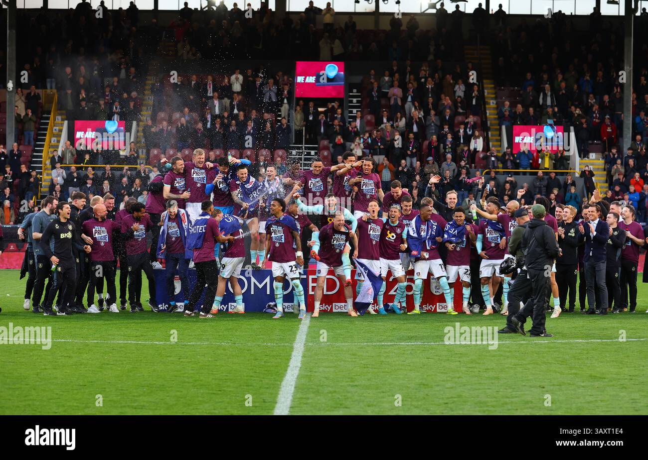 Burnley, UK. 21st Apr, 2025. Burnley celebrate promotion to the Premier ...