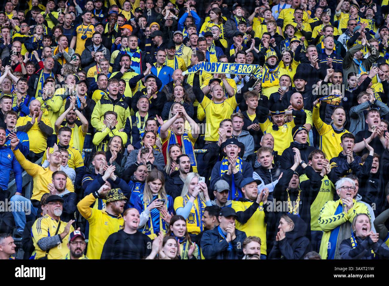 Broendby, Denmark. 21st Apr, 2025. Football fans of Broendby IF seen on ...