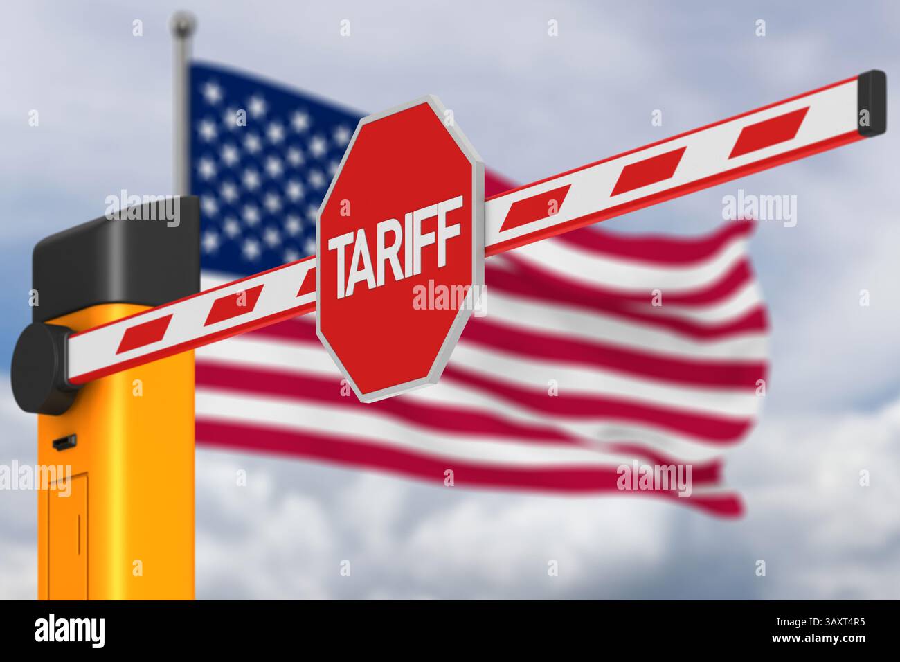 closed automatic barrier with sign tariff and american flag. 3D ...