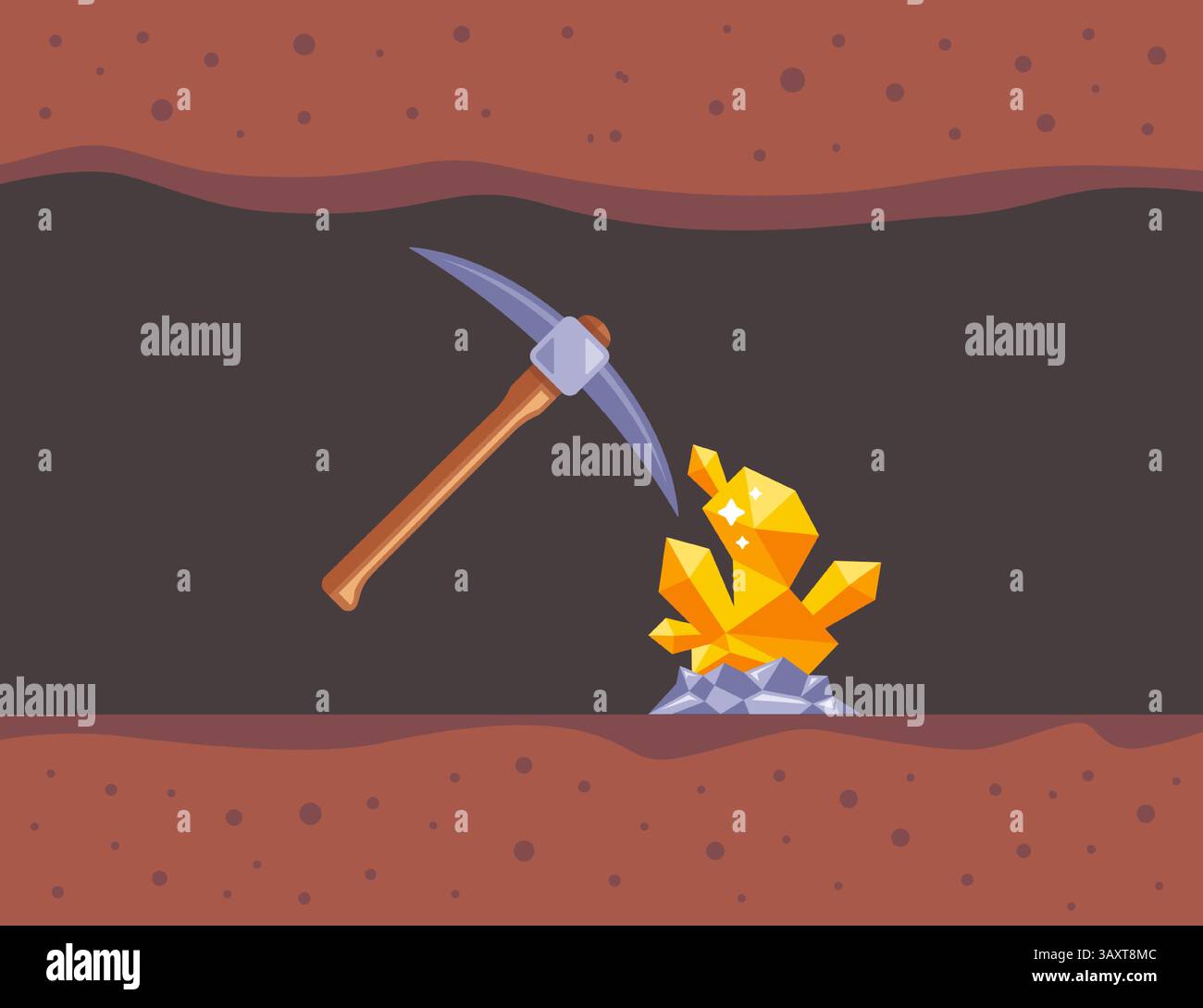 mine gold nuggets. pickaxe extracts minerals. flat illustration Stock ...