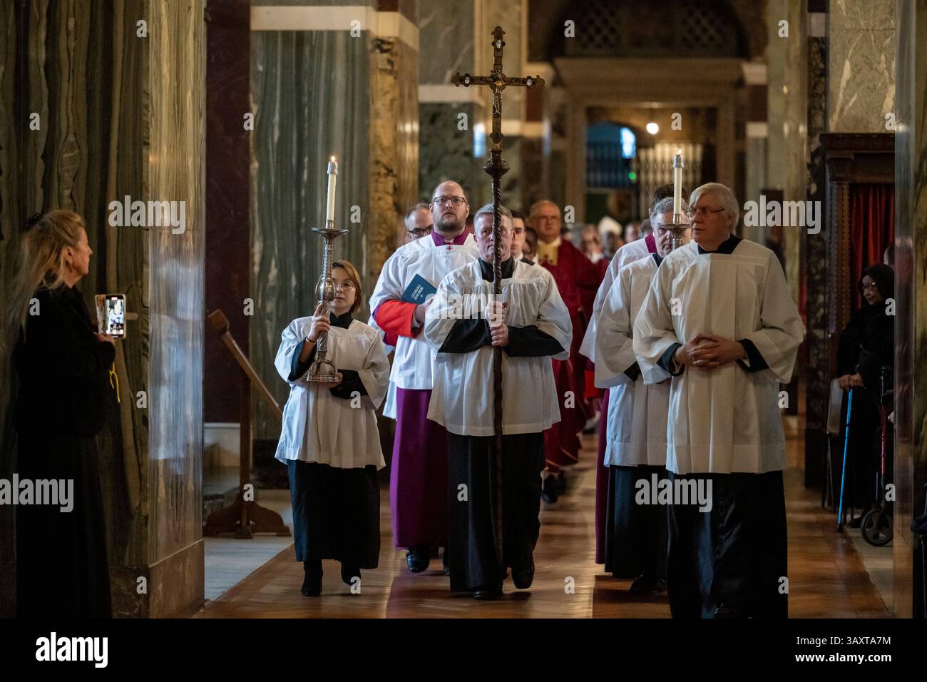 London, UK. 21 April 2025. The clergy leaves a Requiem Mass celebrated ...