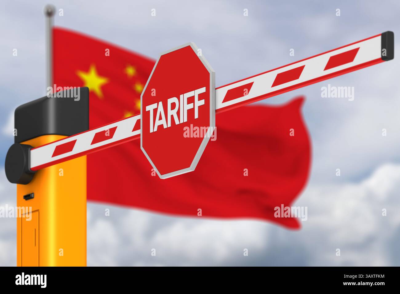 closed automatic barrier with sign tariff and chinese flag. 3D ...